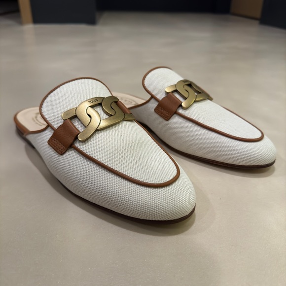 Tod's | Shoes | Tods Embellished Leathertrimmed Canvas Slippers | Poshmark